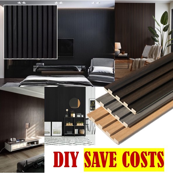 Dark Black Wooden Stripe Wood Strip Fluted Panel Feature Living Room ...