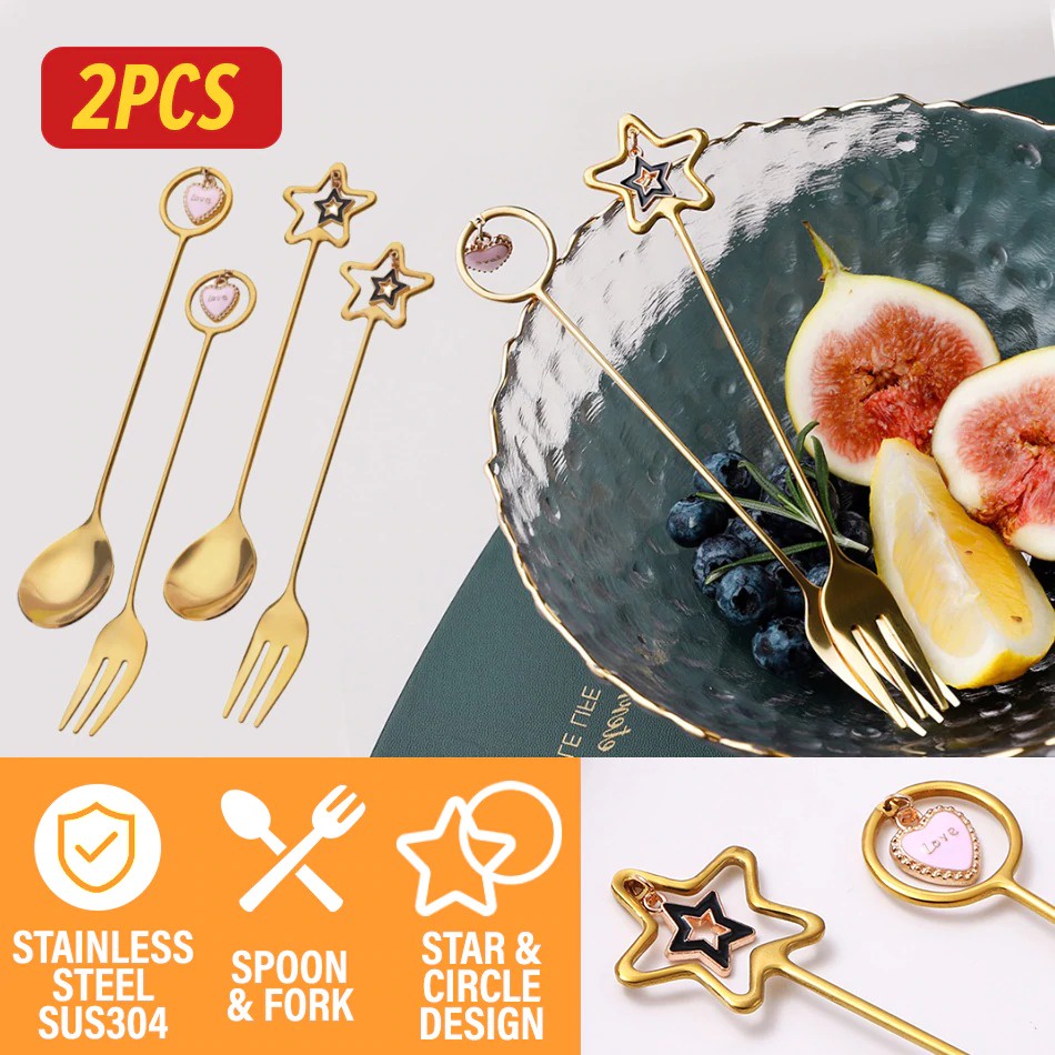 Arjoie [ 2PCS ] Circle & Star Gold Stainless Steel SUS304 Spoon & Fork ...