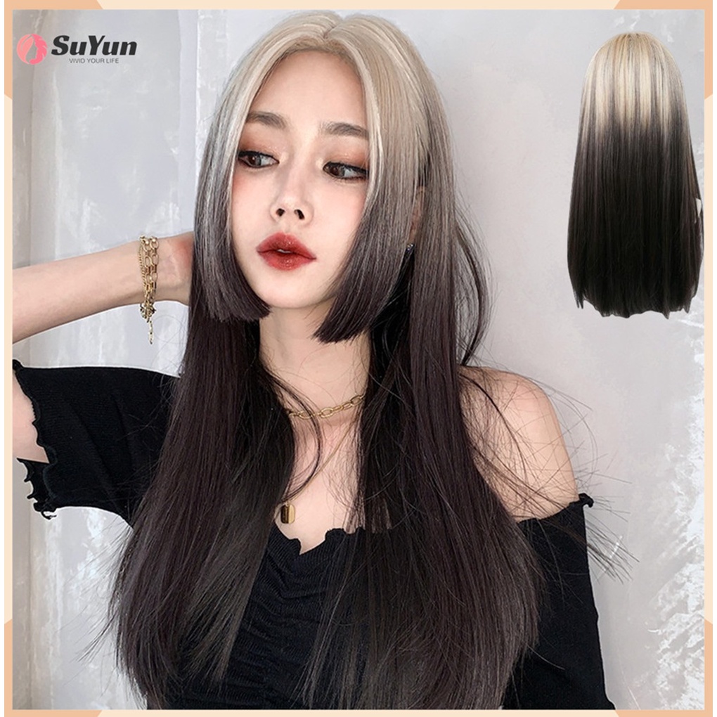 Full Head Cover Long Straight Hair Middle Section Ji Hair Gradient Wig ...