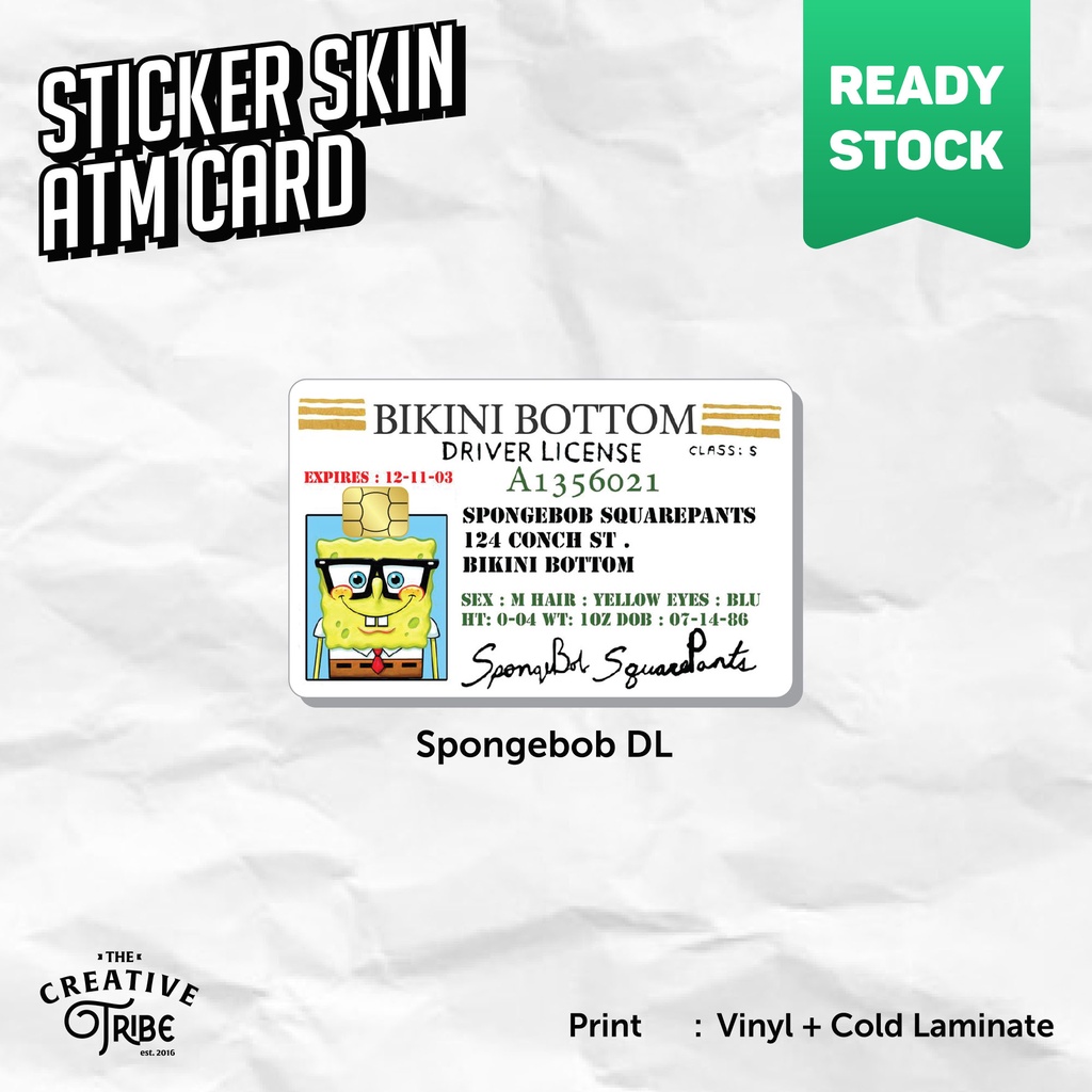 Sticker Skin Card Spongebob Driver License for ATM/Etoll/RFID | Shopee ...