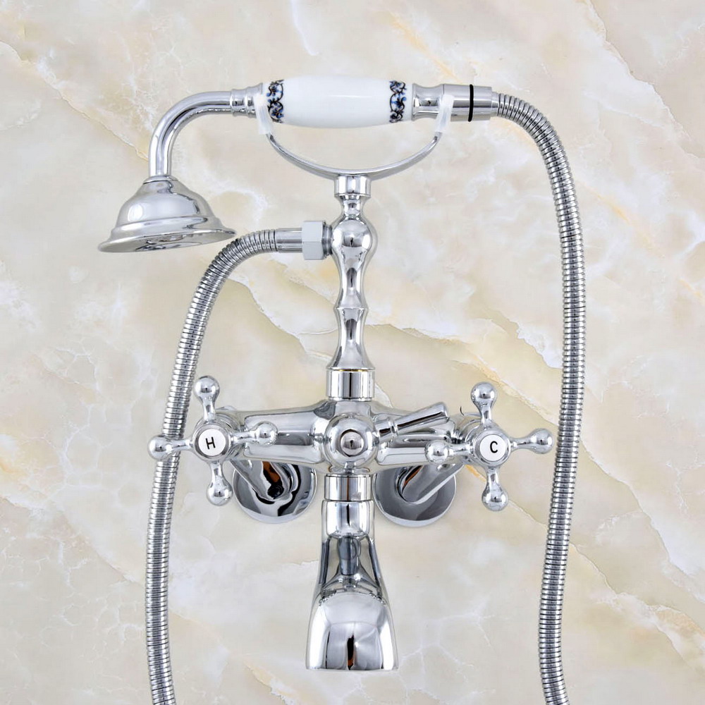 Silver Polished Chrome Brass Dual Cross Handles Wall Mounted Bathroom