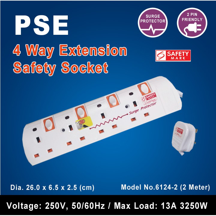 PSE 2 to 6 Way Extension Socket with Surge Protection and Safety Mark ...