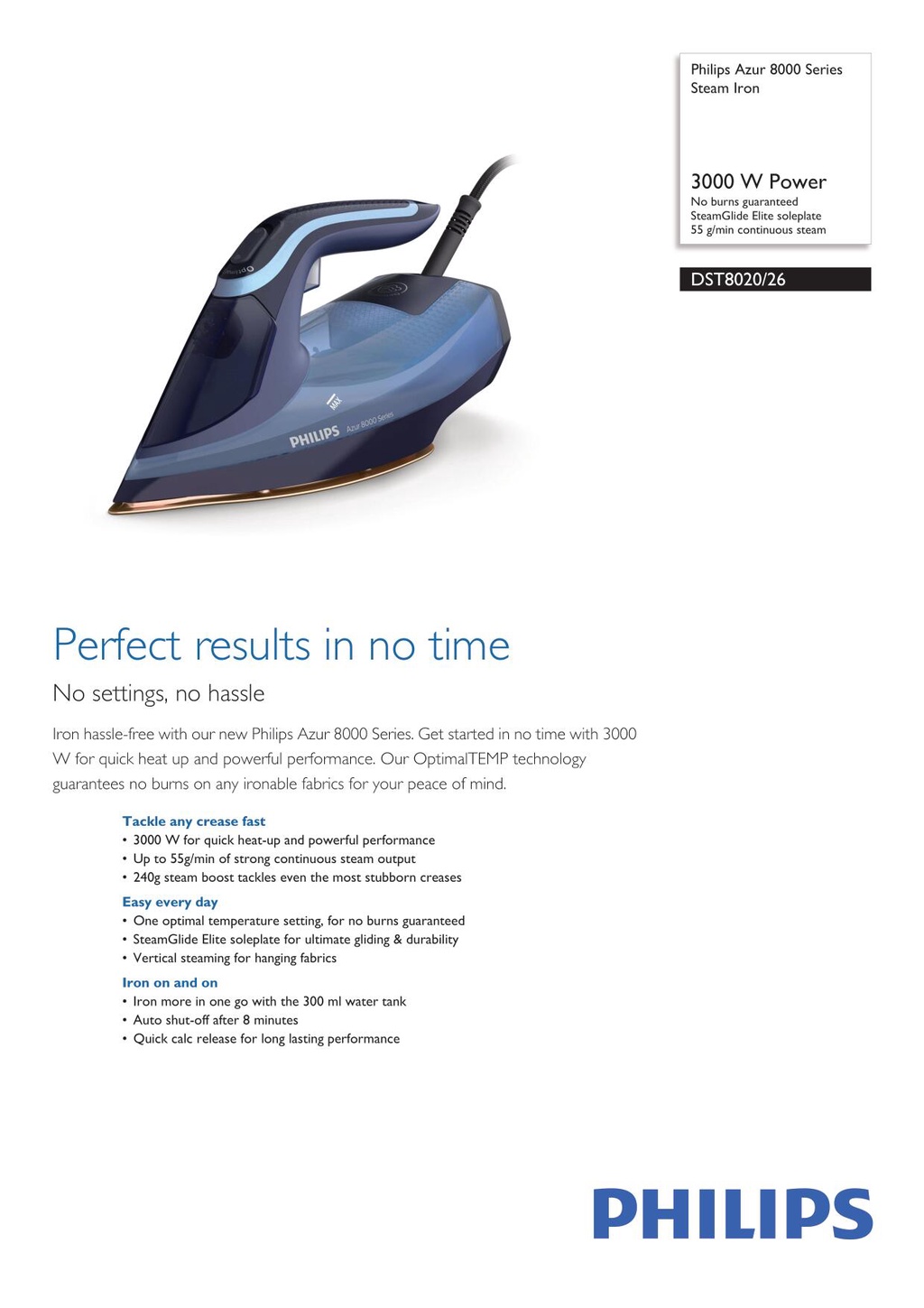 Philips Azur 3000W Steam Iron 8000 series with OptimalTEMP technology ...