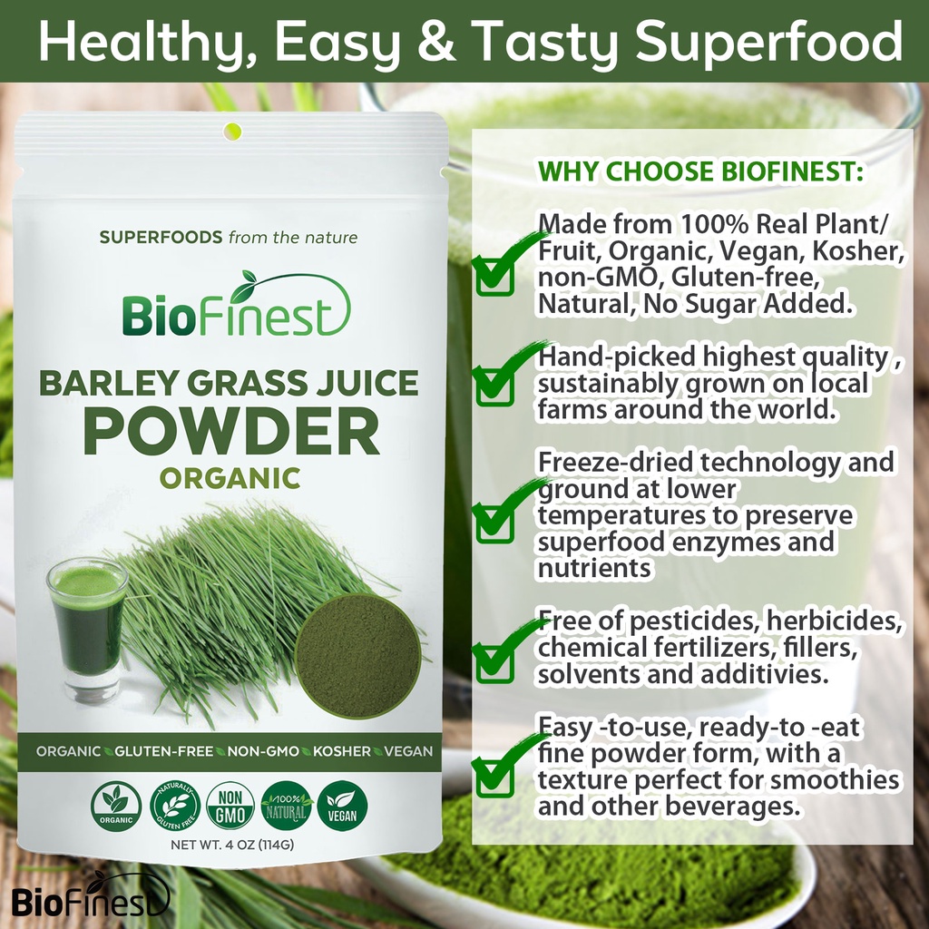 Biofinest Barley Grass Juice Powder Organic Freeze Dried Superfood 114g ...