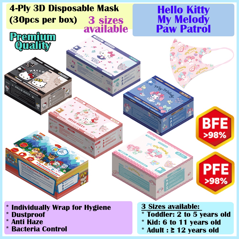 BFE > 98% 4ply 3D Disposable Masks (30 pcs) | Hello Kitty | My Melody ...