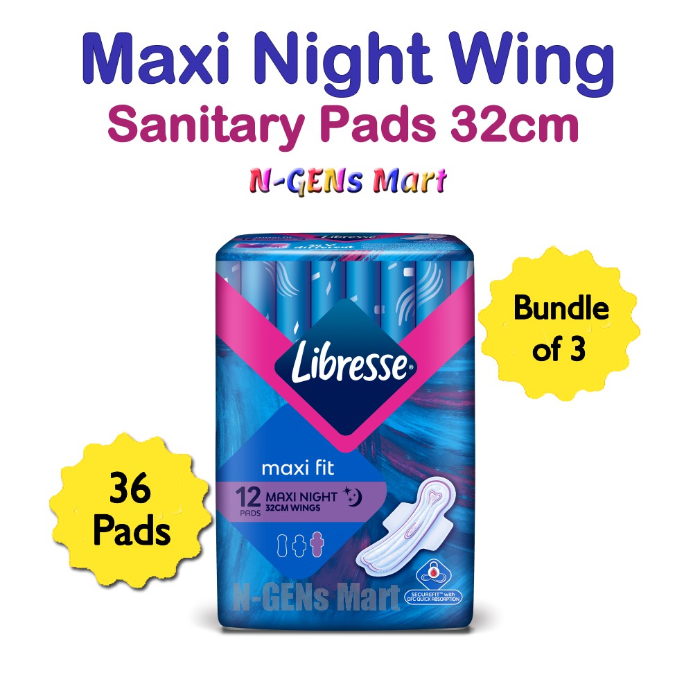 (BUNDLE OF 3 ⇒ 36 Pads) Libresse Maxi Night Wing Sanitary Pads 32cm ...