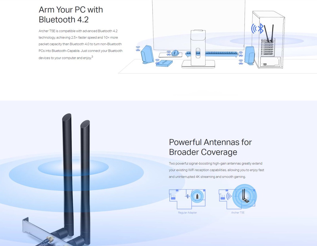 TP-Link AC1200 PCIe WiFi Card for PC (Archer T5E) - Bluetooth 4.2 (3 ...