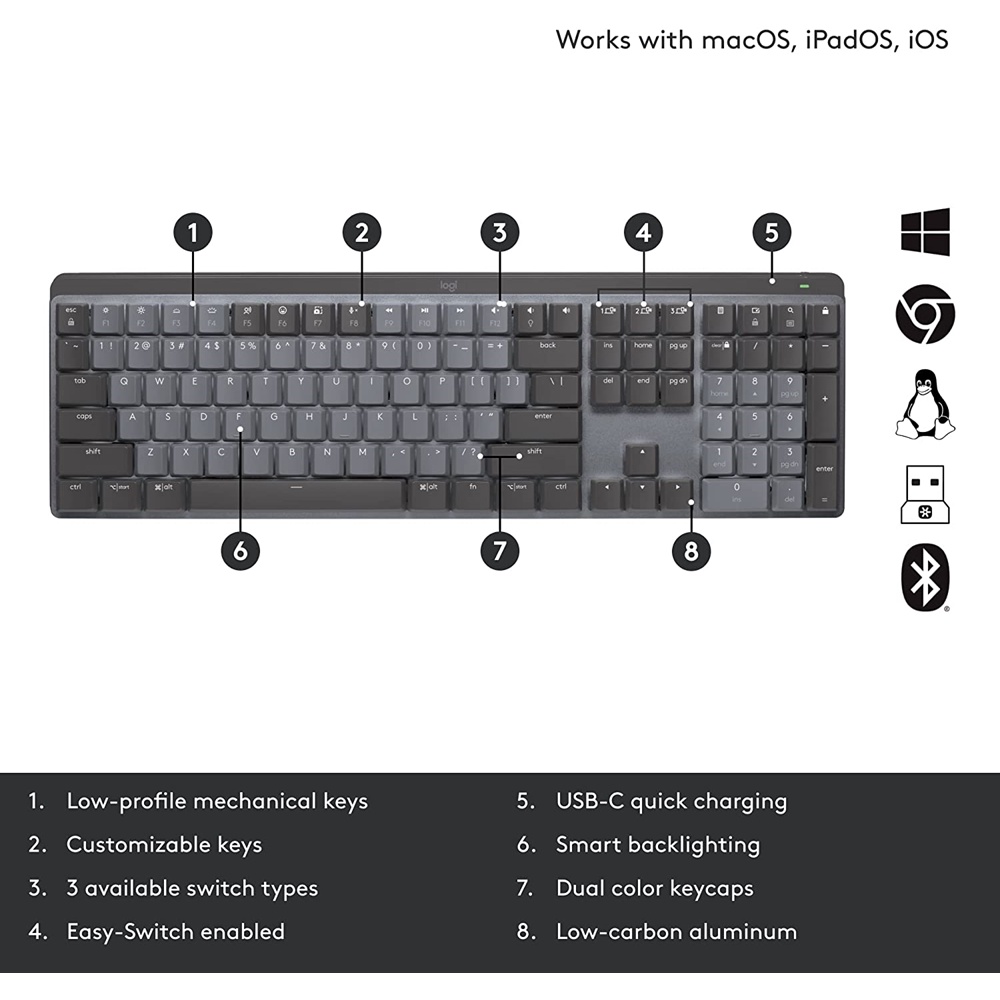 Logitech MX Mechanical Wireless Keyboard Graphite, Backlit keys, Multi ...