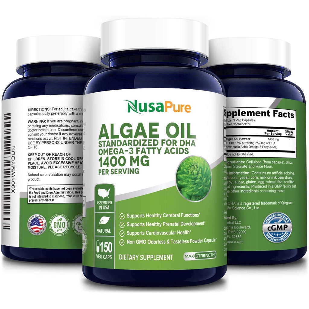 NusaPure Omega 3 - Algae Oil 1400mg (Non-GMO & Gluten Free) Marine ...