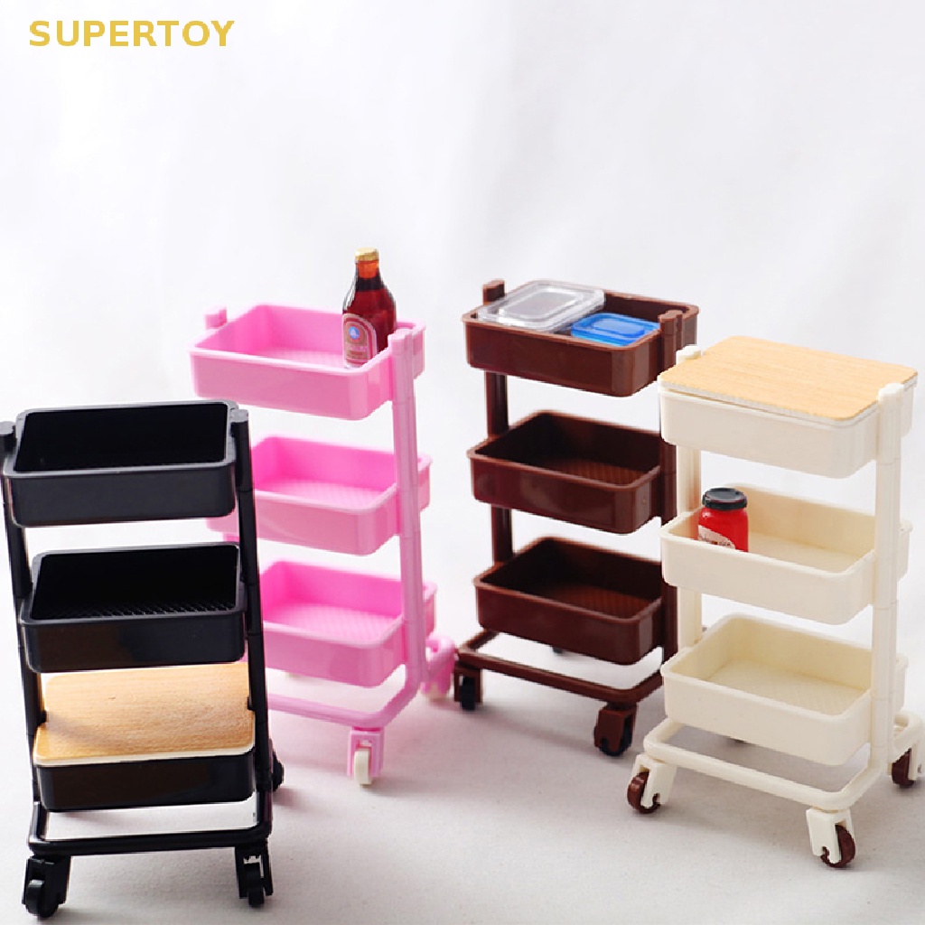 SUPERTOY 1:12 Dollhouse Trolley Dining Cart w/Wheel Storage Shelf ...