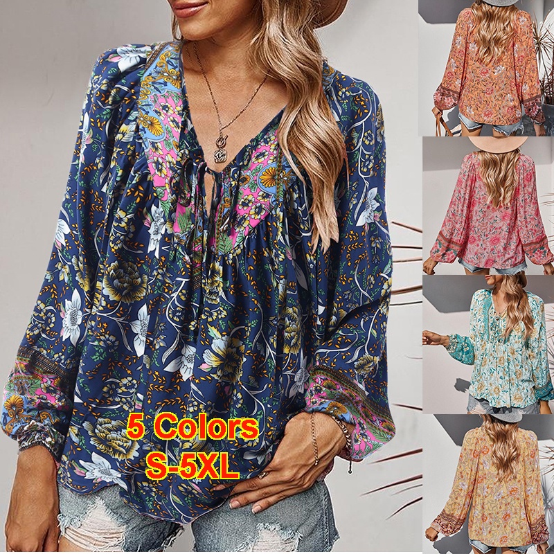 ZANZEA Ladies Floral Print Long Sleeve Casual Beach Loose Top | Shopee ...