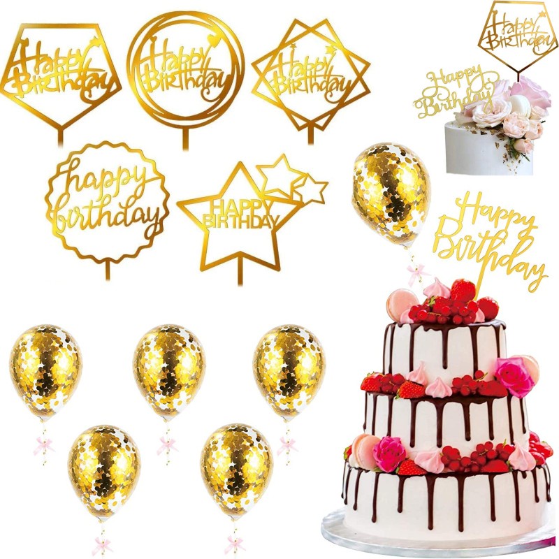 10pcs Gold Cake Topper Large Big size Acrylic & Mini Confetti Balloons ...