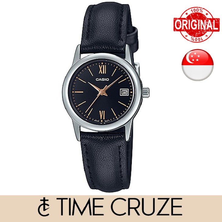 [Time Cruze] Casio LTP-V002 Black Leather Strap Analog Quartz Black Dial Women Watch LTP-V002L ...