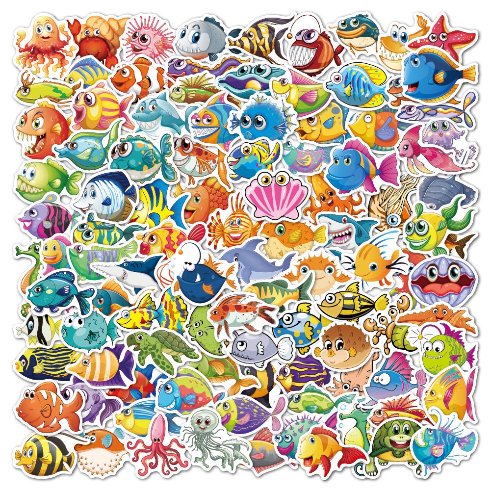 104 pcs Cute Sea Fishes And Animals Cartoon Waterproof PVC Stickers ...