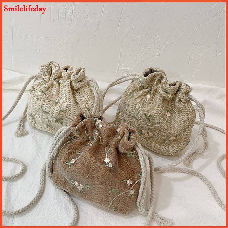 Fashion Rattan Bag Lace All-match Ins Drawstring Bucket Bag Cute Straw ...