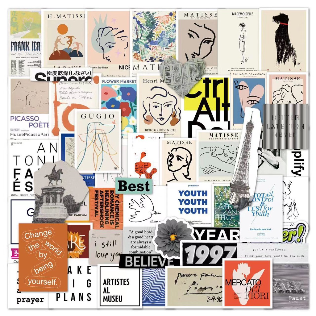 50 PCS French Pop Art Collage Manual Square Stickers for Skateboard ...