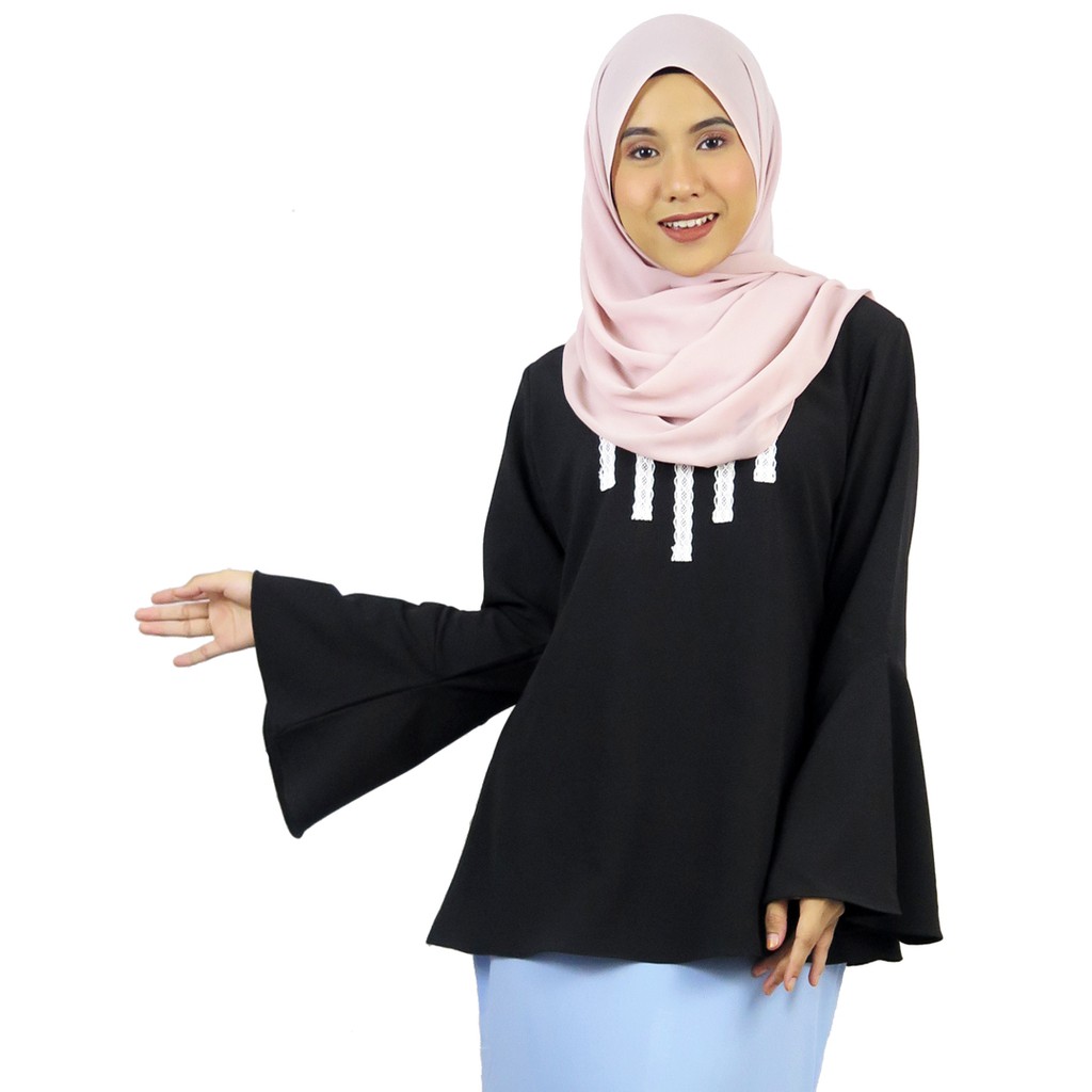 AQEELA Muslimah Lace Patch Top- Black (qb082d) | Shopee Singapore