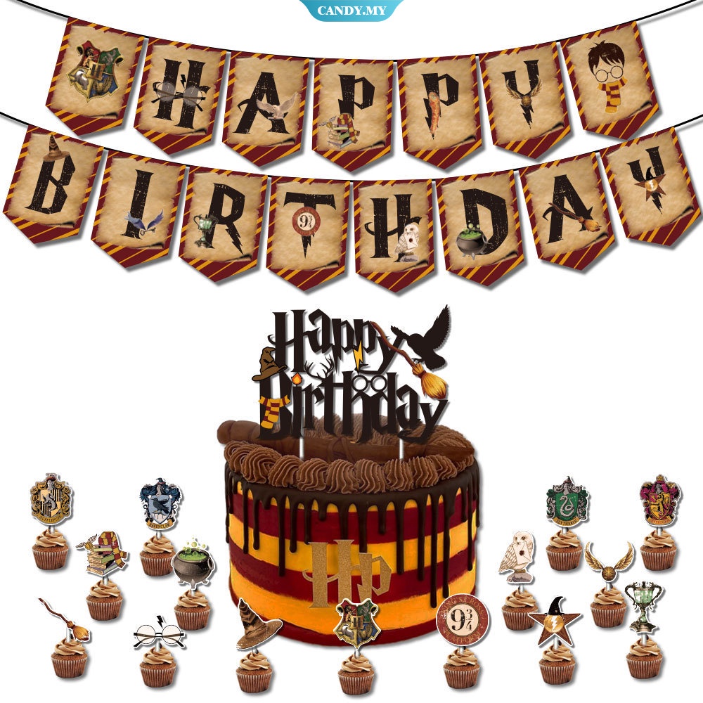 Harry Potter Wizard Theme Cake Toppers + Children Happy Birthday Banner ...