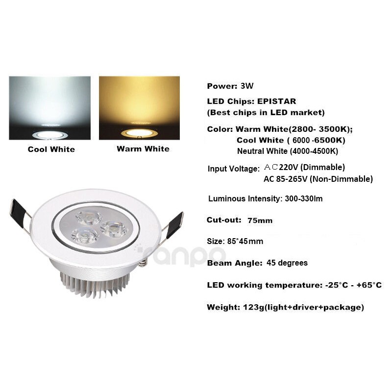Dimmable 3W 5W 7W 9W 12W 15W 18W LED Recessed Ceiling Down Light Lamp ...