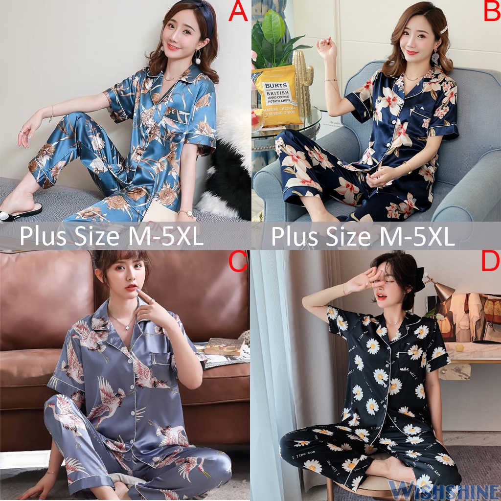 Women Plus Size M-5XL Silk Satin Pyjamas Set Female Short Sleeve Baju Tidur Homewear Sleepwear ...