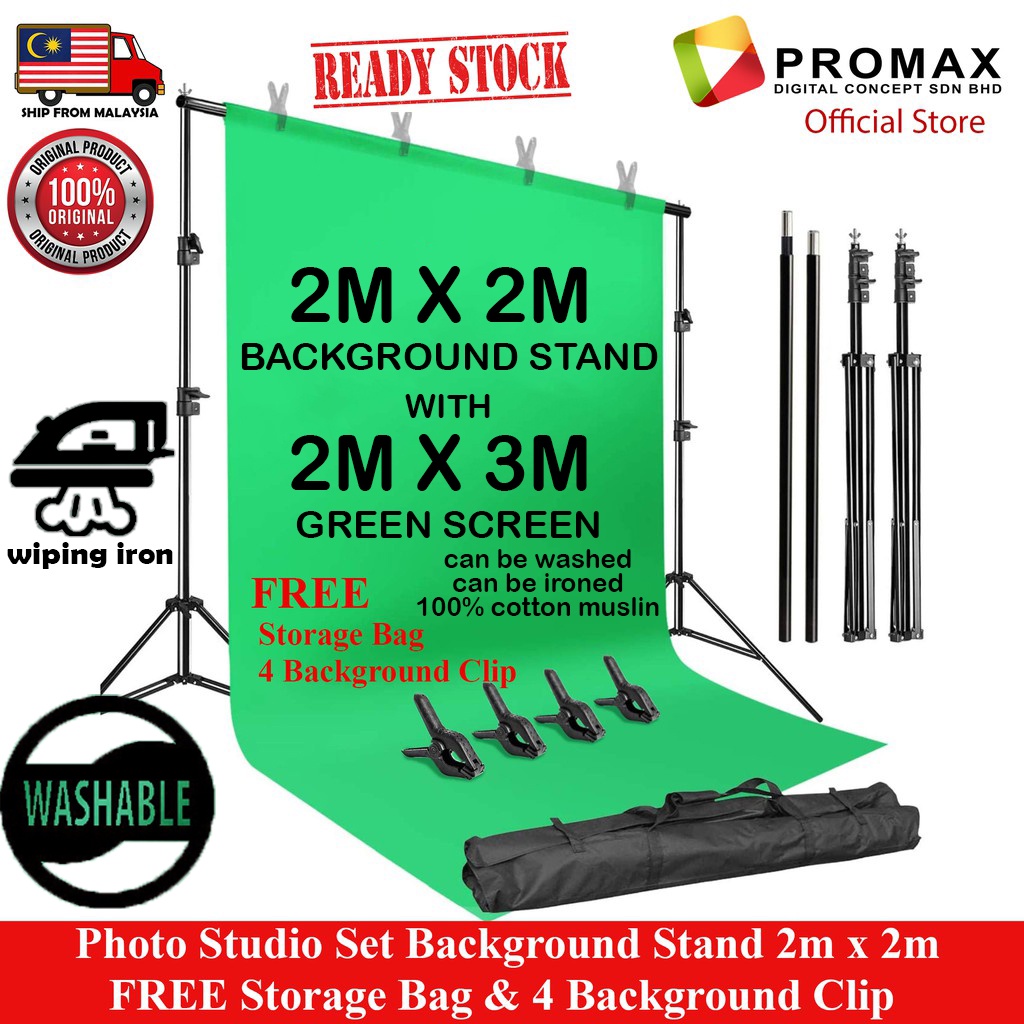 2x2m Studio Background Stand 2m x 2m + Green Screen 2X3M Washable ...