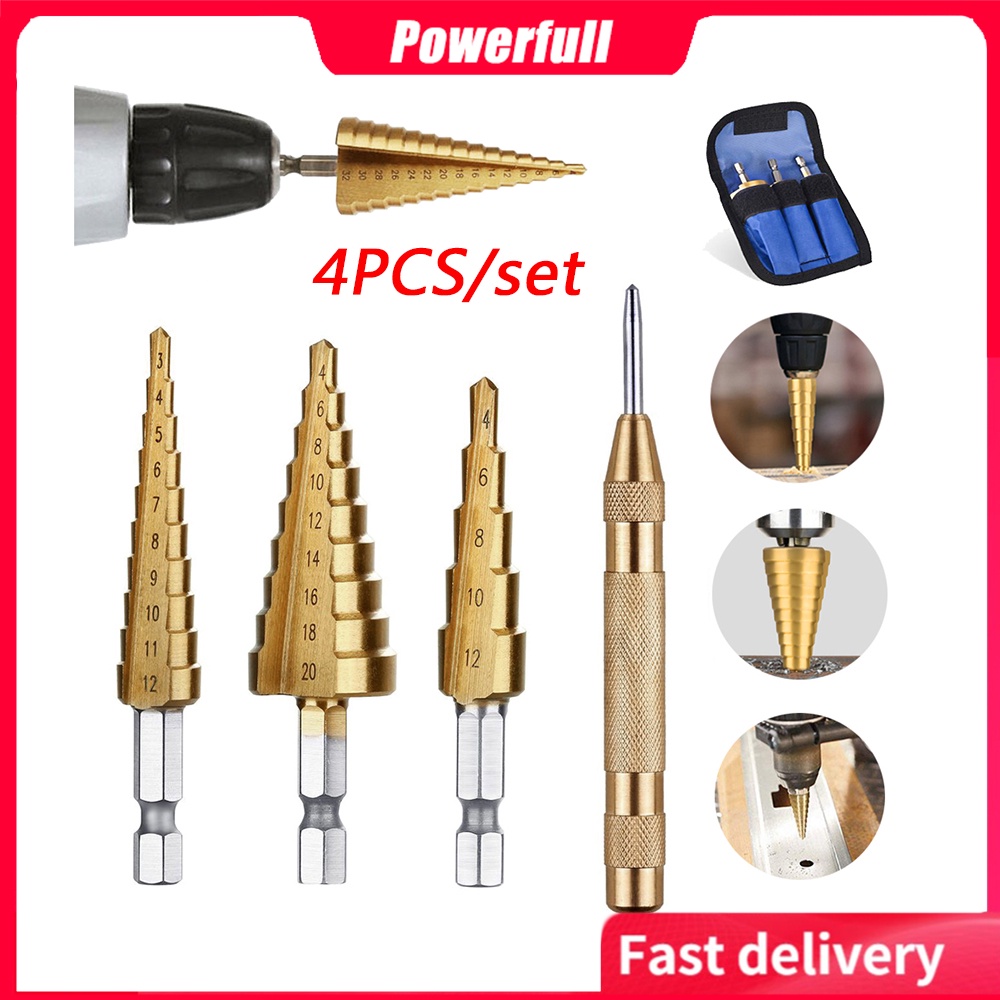 3 pcs HSS Titanium Step Drill Bit Set & 1 pcs Automatic Center Punch ...