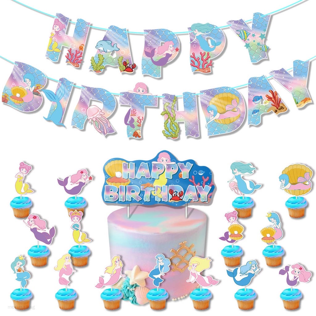 Mermaid Happy Birthday Banner 1 Set Banner Flag Cake Topper Under The ...