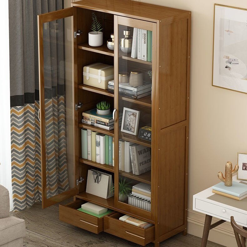 Simple solid wood bookcase with transparent door living room combined ...