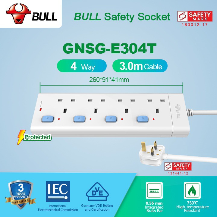 Power Socket Bull Extension Multi Socket 4 Way with Lighting Protection ...