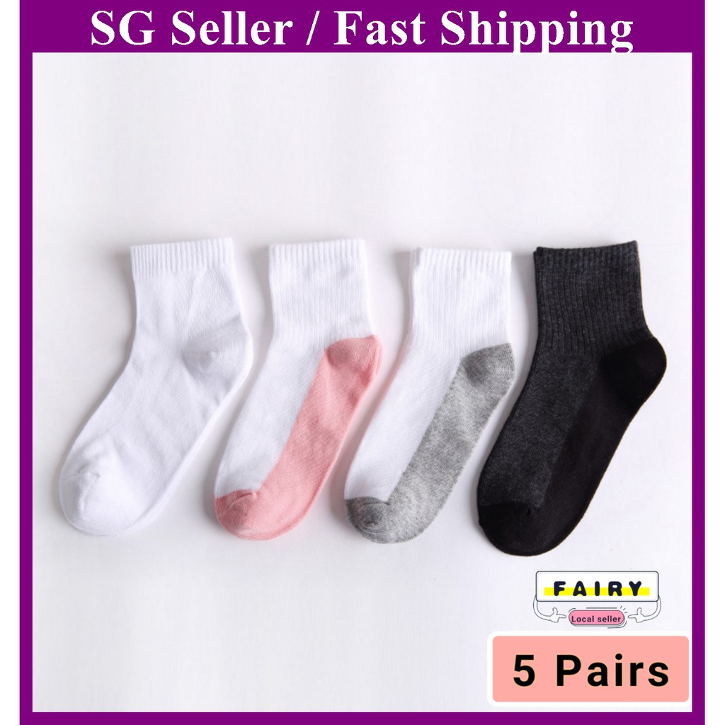 (SG Seller)5 Pairs Student School Socks Children White Socks Cotton ...