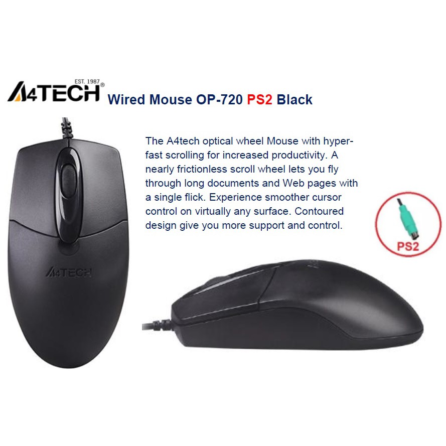 A4TECH OP-720 PS2 Optical Wheel wired Mouse Black 1000 DPI Plug and ...