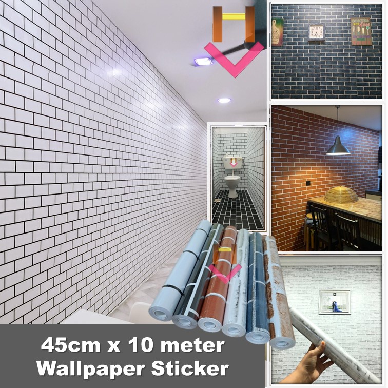 PUTIH 45cm x 10m brick wallpaper brick Wall sticker white brick ...