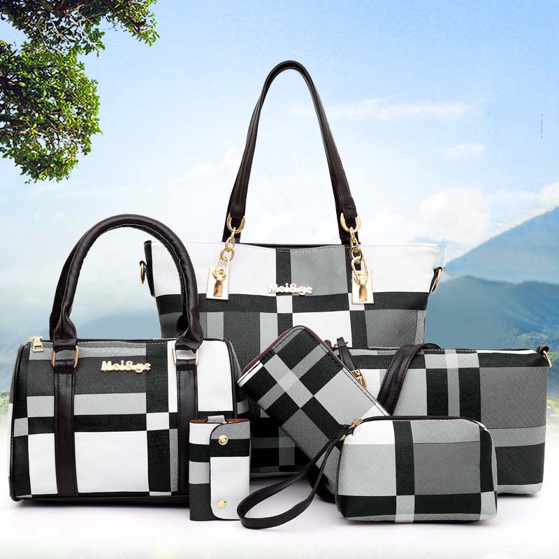 6 PCS Women Plaid Handbag Set Female Shoulder Bag Shopping Crossbody ...