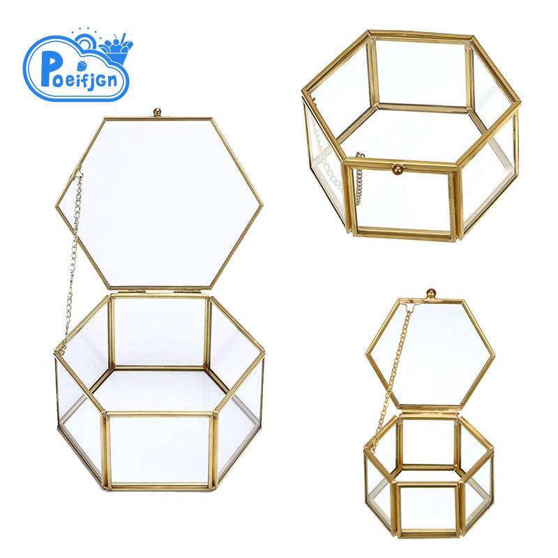 Glass Vintage Jewelry Box Golden Geometric Jewelry Display Organizer ...