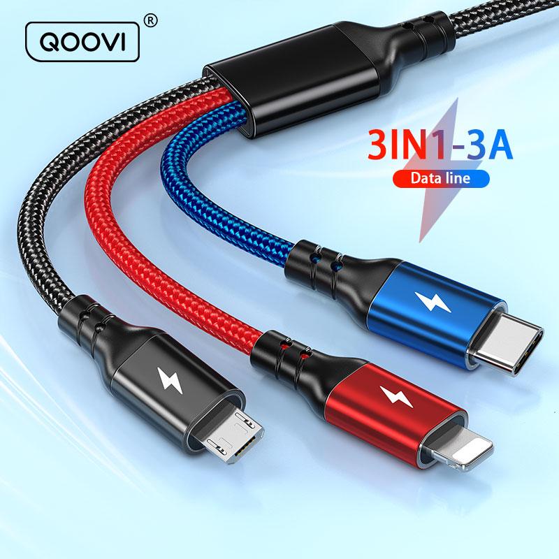 QOOVI 3 In 1 USB Cable Fast Charging Micro USB Type C Cable Fast Charge ...