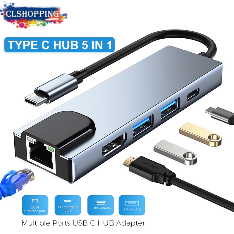 5 In 1 USB Type C Hub Multiport Adapter Converter Gigabit Ethernet Network Rj45 Lan Adapter For ...