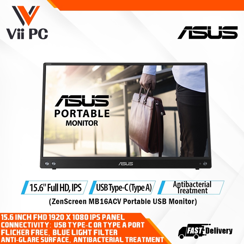 ASUS ZenScreen MB16ACV Portable USB Monitor- 15.6 inch Full HD, IPS, Hybrid Signal Solution, USB ...