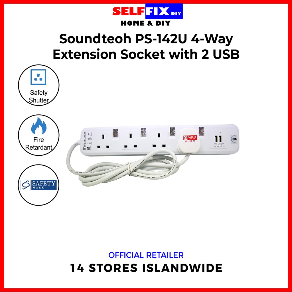 Soundteoh PS-142U 4-Way Extension Socket with USB 2.1A | Shopee Singapore