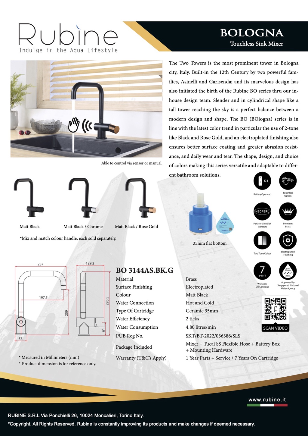 [ RUBINE ] BO 3144AS.BK.G BOLOGNA Touchless (Sensor) Sink Mixer Matt ...