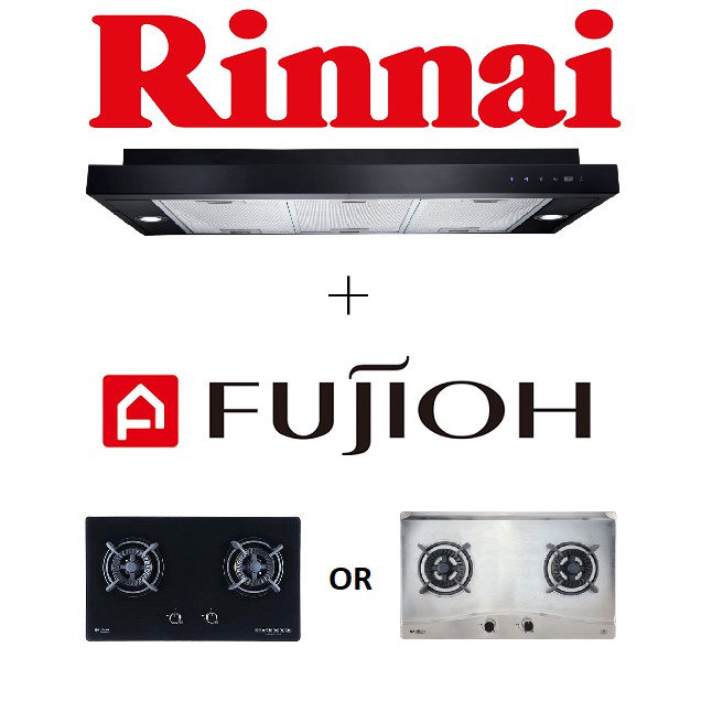 RINNAI RH-S329-PBR 90CM SLIMLINE HOOD WITH TOUCH CONTROL + FUJIOH FH-GS6520 2 BURNER HOB WITH ...