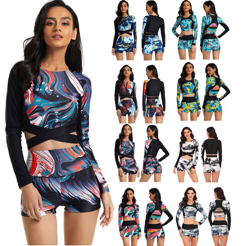Women Long Sleeve Rashguard Crop Top +bottom Two Pieces Set Swimwear ...