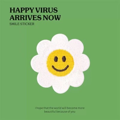 Happy Virus [ White Flower Smiley Face ] Embroidered Sticker & Iron-On ...