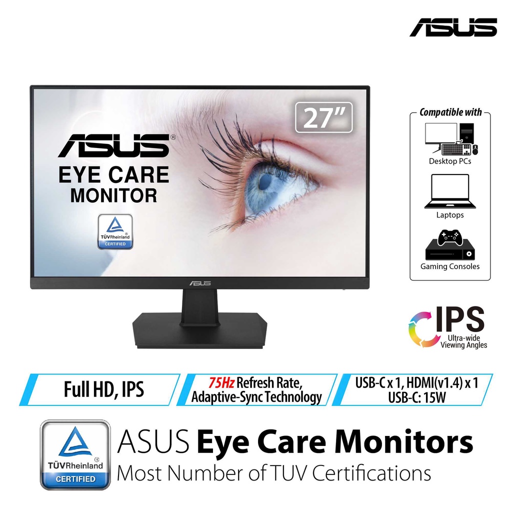 ASUS VA27ECE Eye Care Monitor – 27 inch, Full HD, IPS, Frameless, USB-C ...