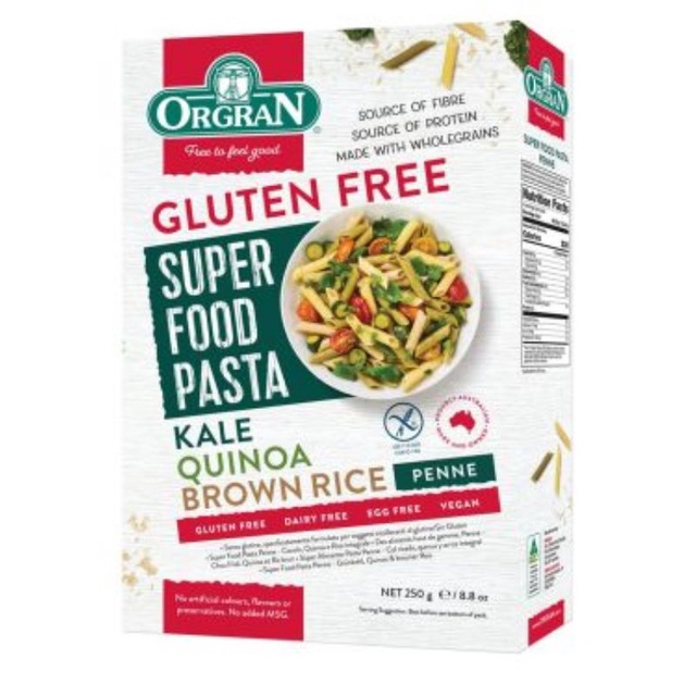 Orgran Pasta Super Food Brown Rice Quinoa and Kale Penne (250g ...
