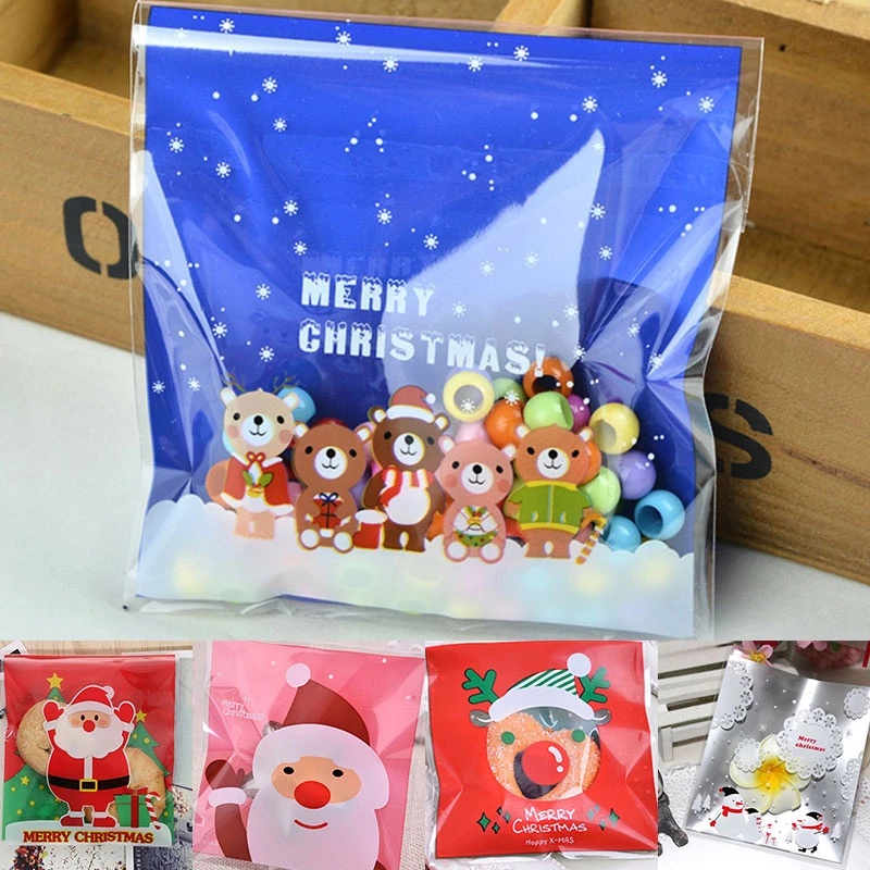 100Pcs Merry Christmas Candy Bag Plastic Santa Self Adhesive Wrapping ...