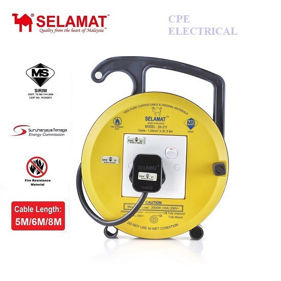 Selamat 2K211 10A Extension Cable Reel With 1 Gang Socket 6M 8M ...