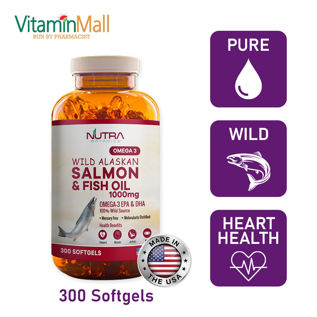 Nutra Botanics Omega 3 Wild Alaskan Salmon Fish Oil 1000mg – 300 ...