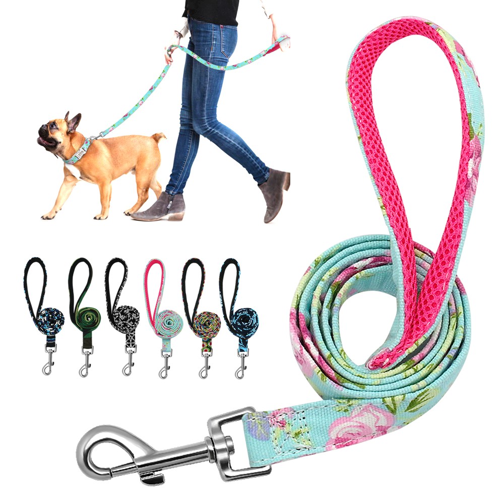Cute Soft Floral Small Large Dog Leash Clip with Mesh Padded Handle Pet ...