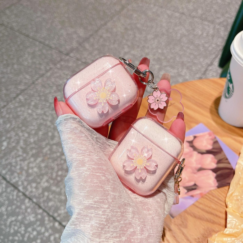 Cute Cherry Flower Pink Glitter Transparent Airpods Cover soft silicone ...
