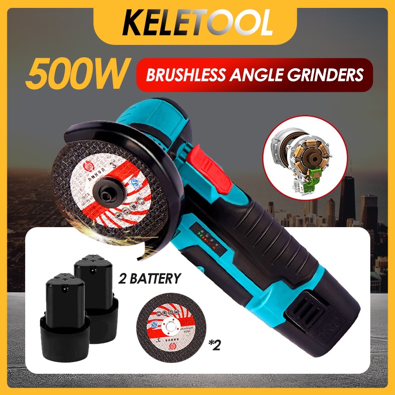 Two Batteries Brushless 12V Mini Angle Grinder Machine 500W Cordless ...